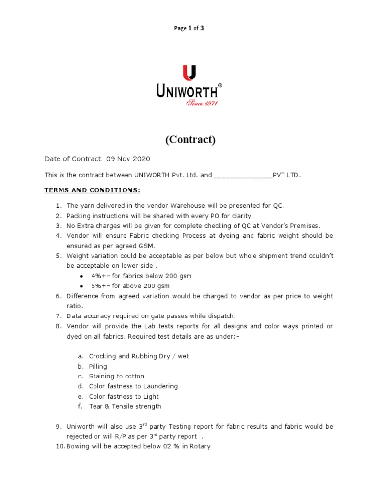 (Contract) : Date of Contract: 09 Nov 2020 | PDF | Dyeing | Textiles