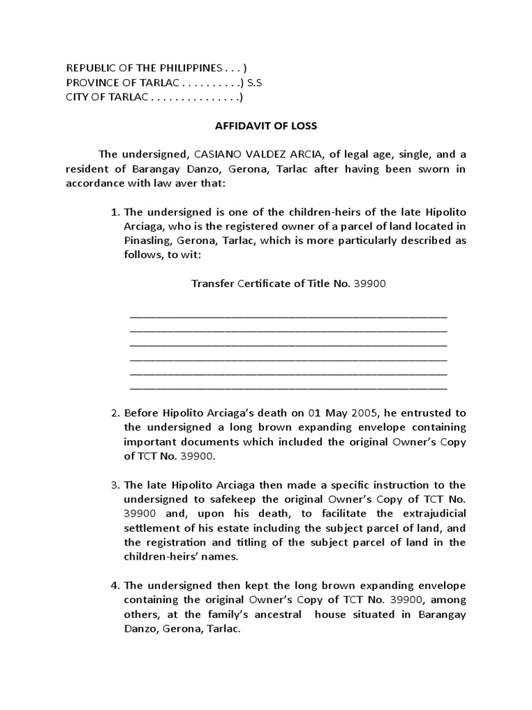Affidavit of Loss Title | PDF | Common Law | Civil Law (Common Law)