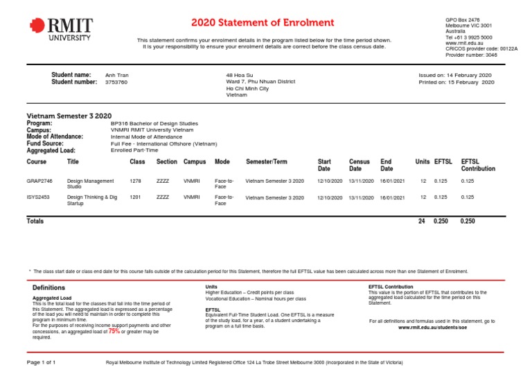 RMIT Statement of Enrolment 3 | PDF | Further Education | Business