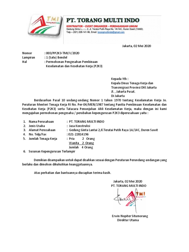 Kop Surat Pt. Torang Multi Indo-Pengajuan P2K3 | PDF