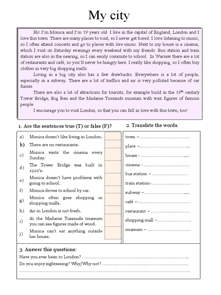 My City: 1. Are The Sentences True (T) or False (F) ? 2. Translate The ...
