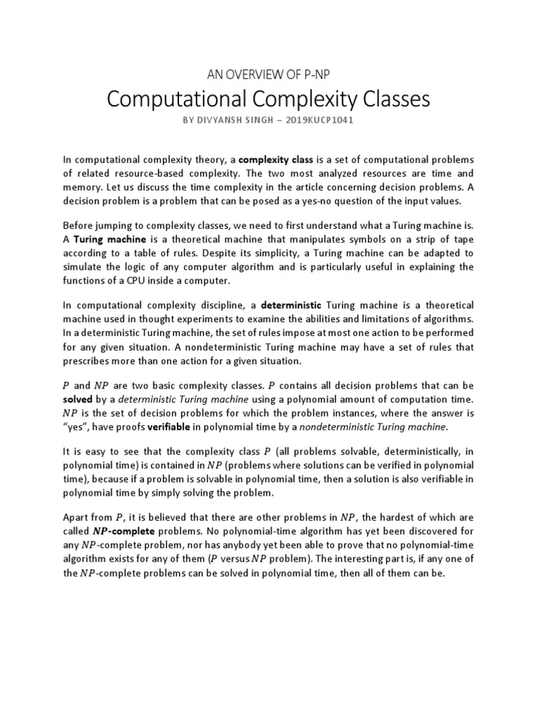 Computational Complexity Classes An Overview Of P Np Pdf Computational Complexity Theory