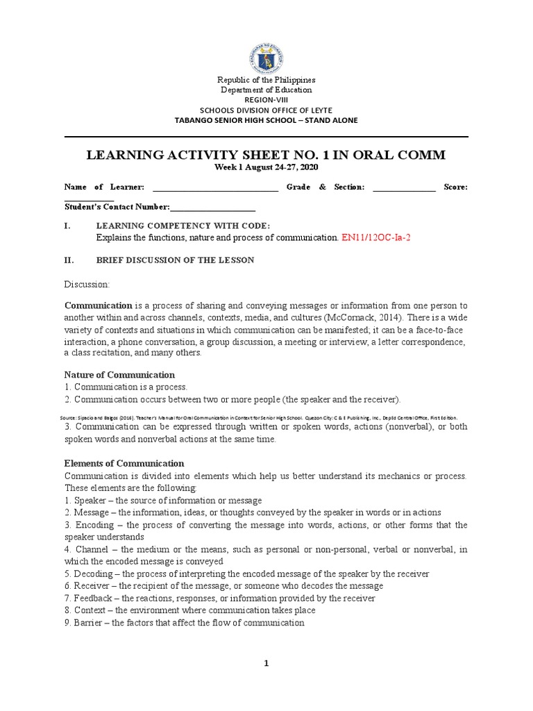 LEARNING ACTIVITY SHEET in Oral Comm | PDF | Nonverbal Communication | Communication