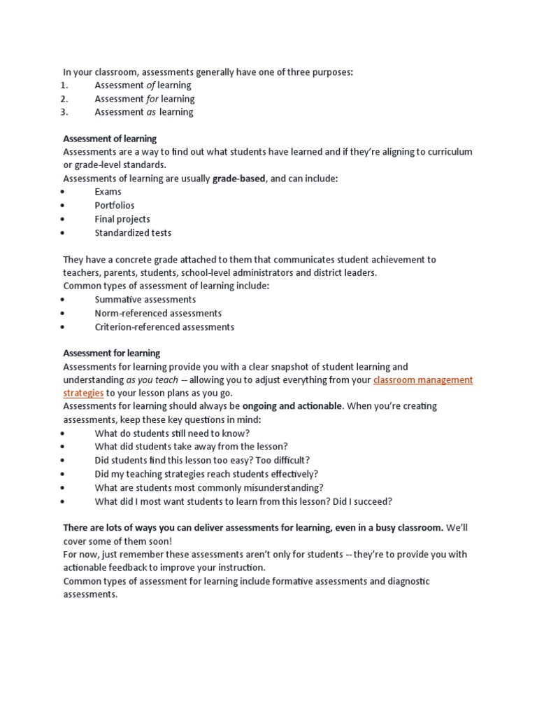 Assessment Of, For, As Learning | PDF | Educational Assessment | Cognition