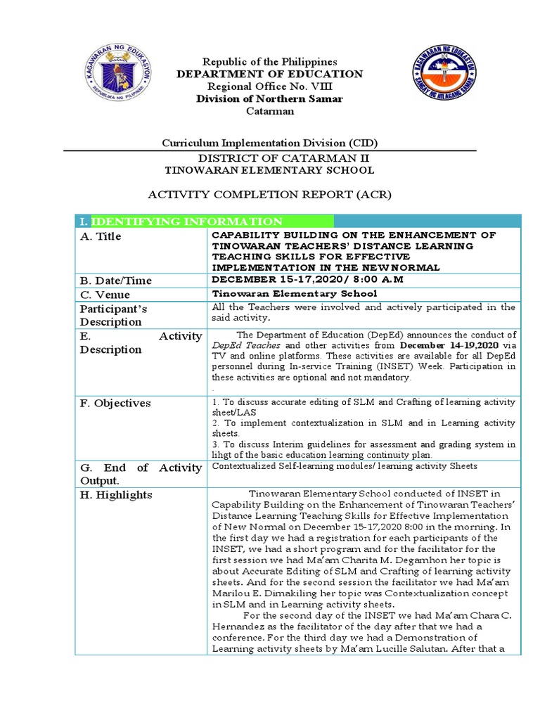 District of Catarman Ii Activity Completion Report (Acr) : I ...