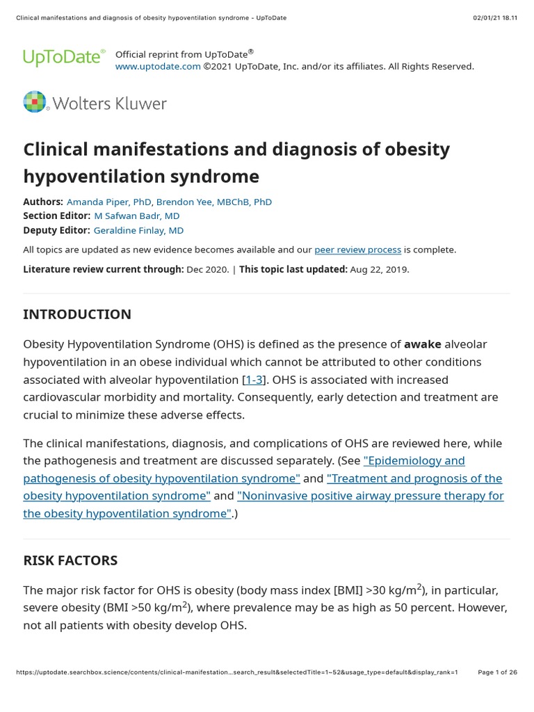 Clinical Manifestations and Diagnosis of Obesity Hypoventilation ...