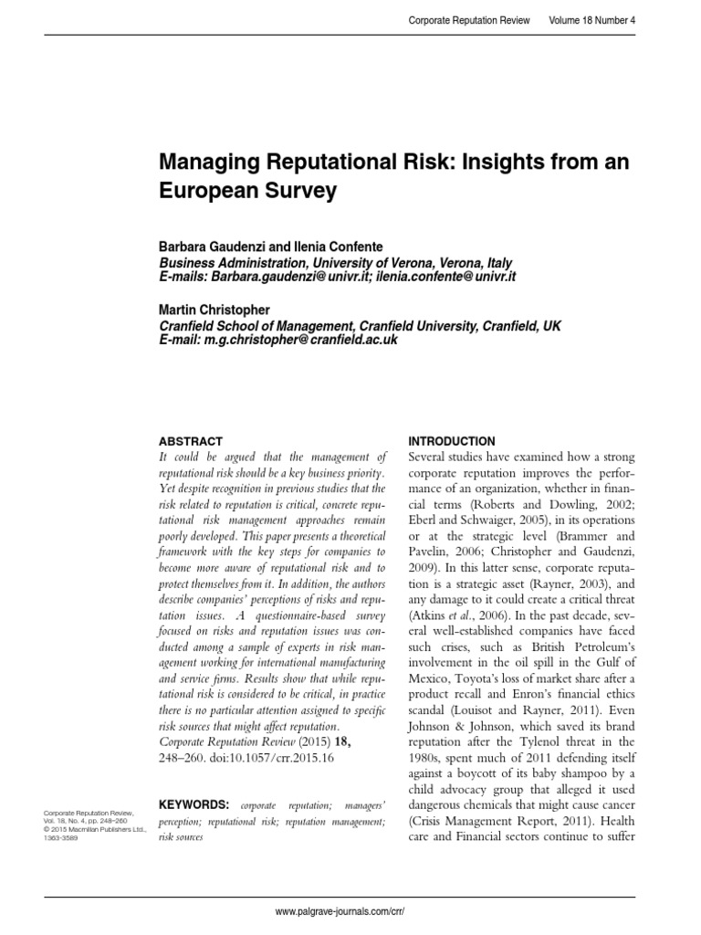 Managing Reputational Risk - Insights From An European Survey | PDF ...