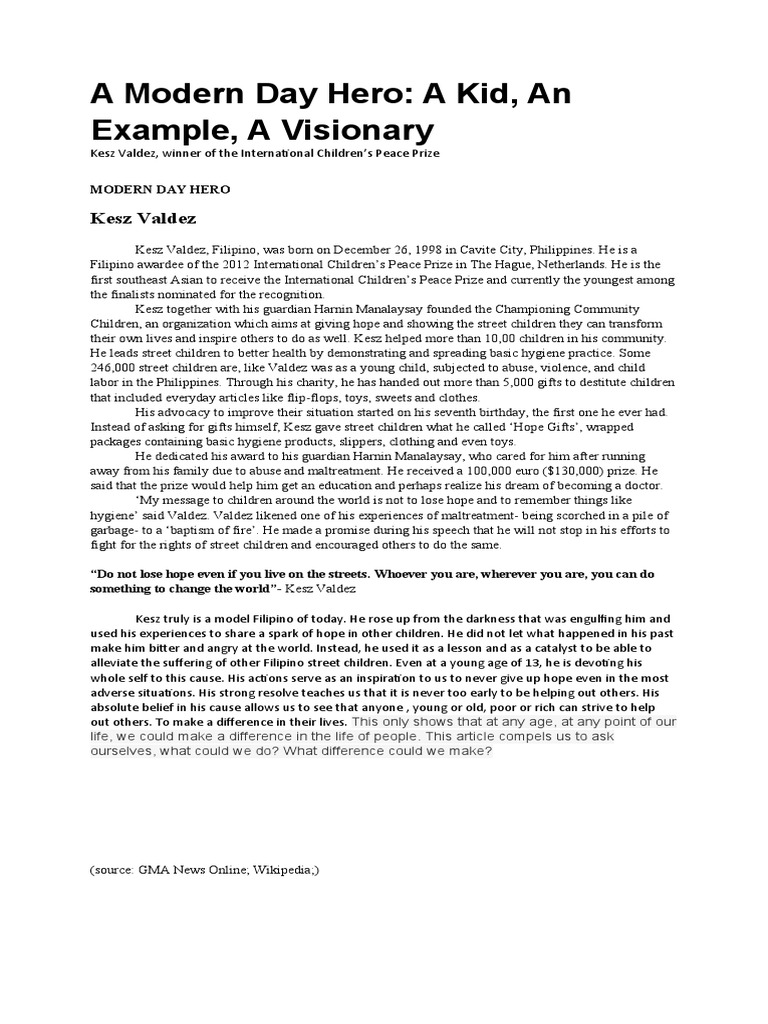 A Modern Day Hero: A Kid, An Example, A Visionary: Kesz Valdez | PDF ...
