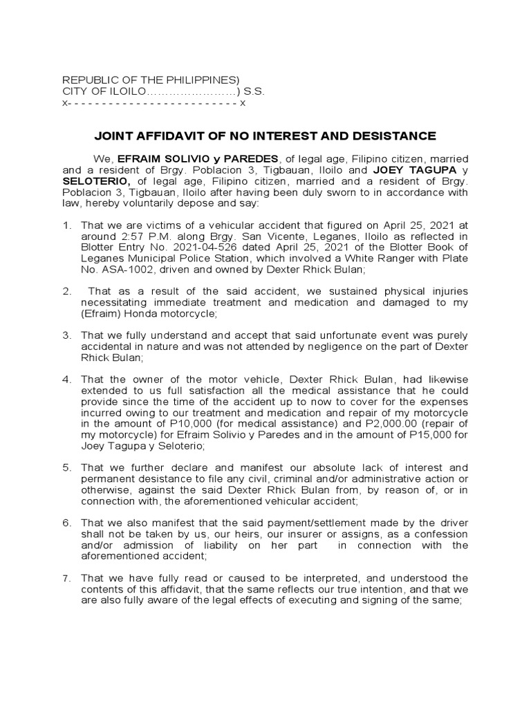 Joint Affidavit of No Interest and Desistance | PDF | Affidavit ...