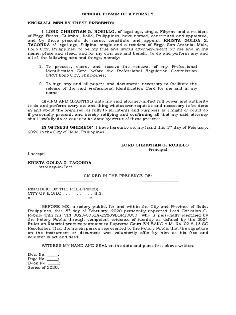 Spa PRC Id Robillo | PDF | Power Of Attorney | Notary Public