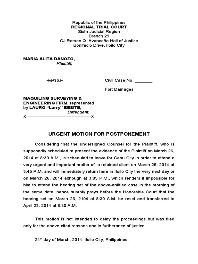 Regional Trial Court: Urgent Motion For Postponement | PDF | Public ...