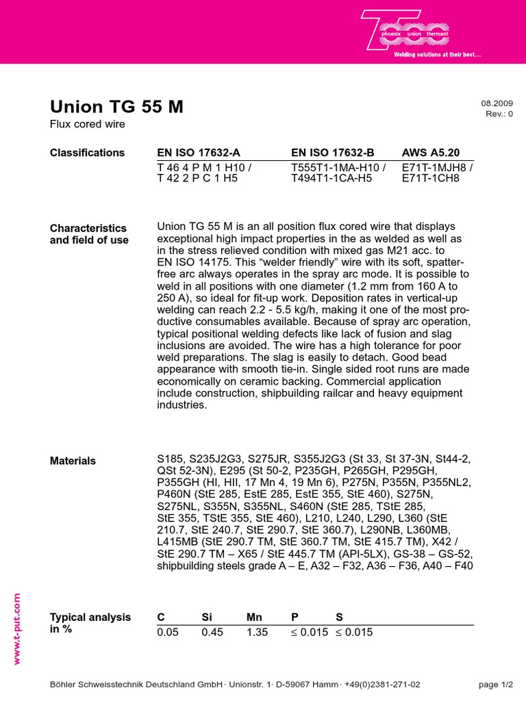 Union TG 55 M: Classifications EN ISO 17632-A EN ISO 17632-B AWS A5.20 ...