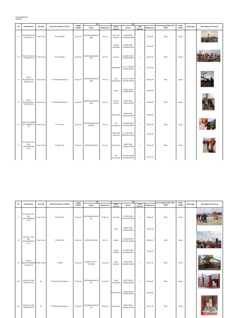 PT WG-JAKON-PP KSO PROYEK JIS Tower Crane Inspection Records | PDF ...