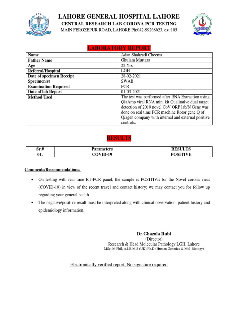 Lahore General Hospital Lahore: Laboratory Report | PDF