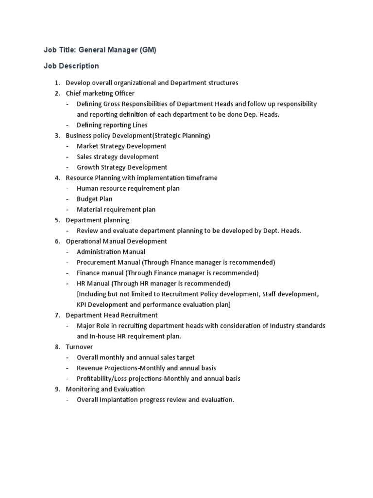 Job Title: General Manager (GM) Job Description | PDF | Finance & Money ...