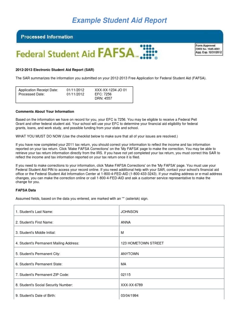 2012-2013 Electronic Student Aid Report (SAR) | PDF | Tax Return ...
