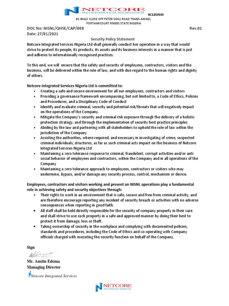 Security Policy Statement-Rev01 | PDF | Security | Crime & Violence