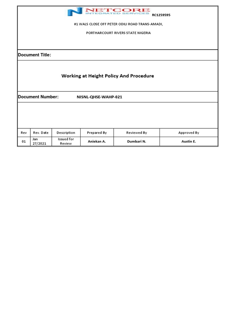 Working at Height Procedure | PDF | Ladder | Risk Assessment