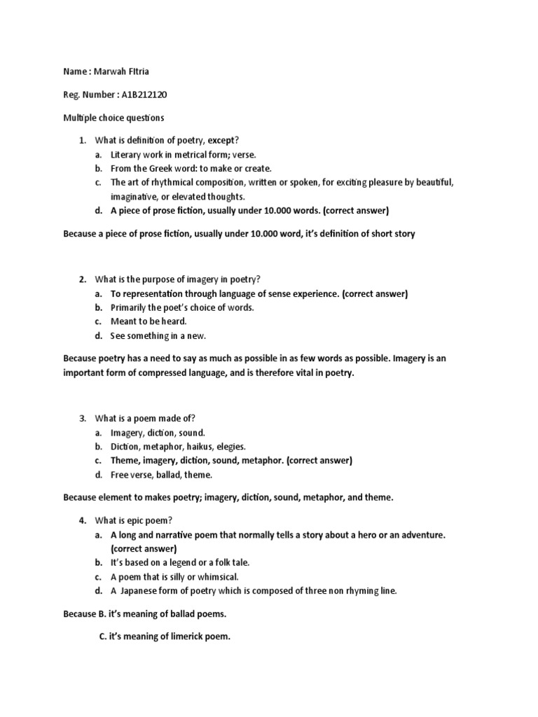 Poetry Multiple Choice Questions | PDF