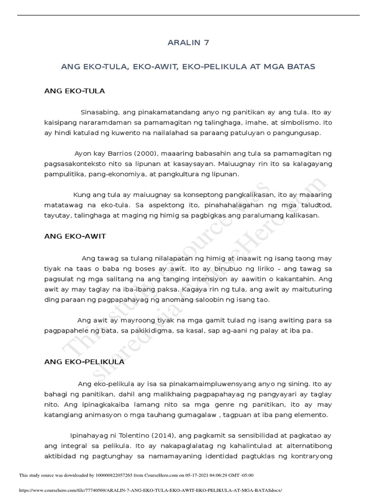 ARALIN 7 ANG EKO TULA EKO AWIT EKO PELIKULA AT MGA BATAS - Docx-1 | PDF