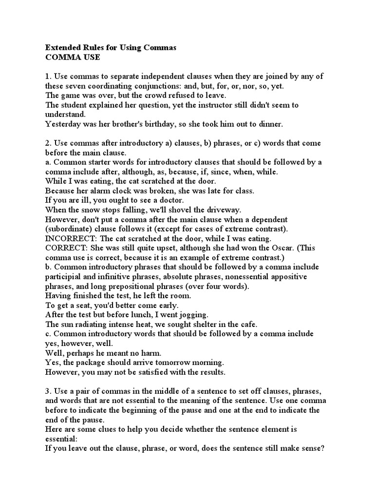 Extended Rules For Using Commas | PDF | Adjective | Subject (Grammar)