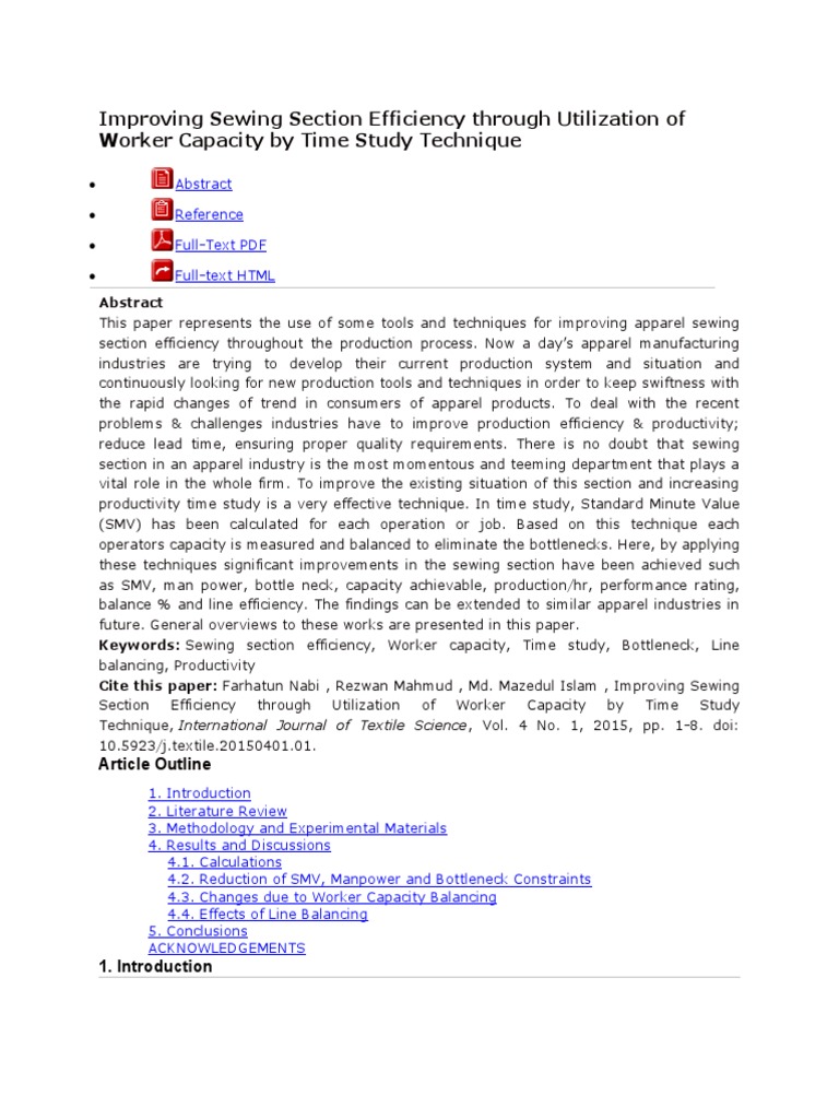 Improving Sewing Section Efficiency Thro | PDF | Clothing | Time