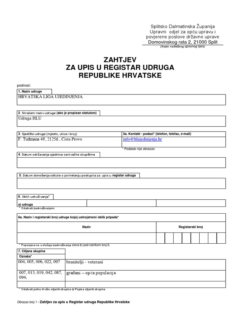 Zahtjev Za Upis U Registar Udruga RH - Obrazac 04-05-2021 - Formatirano | PDF