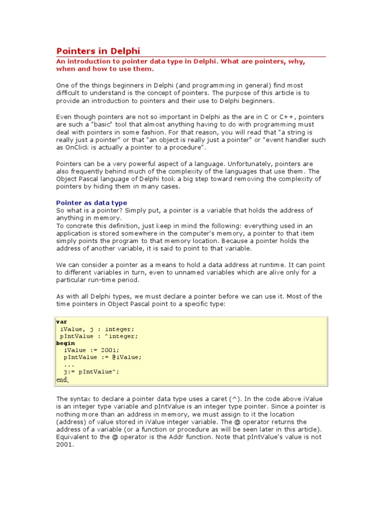 Delphi - Pointers in Delphi | Download Free PDF | Pointer (Computer Programming) | Data Type