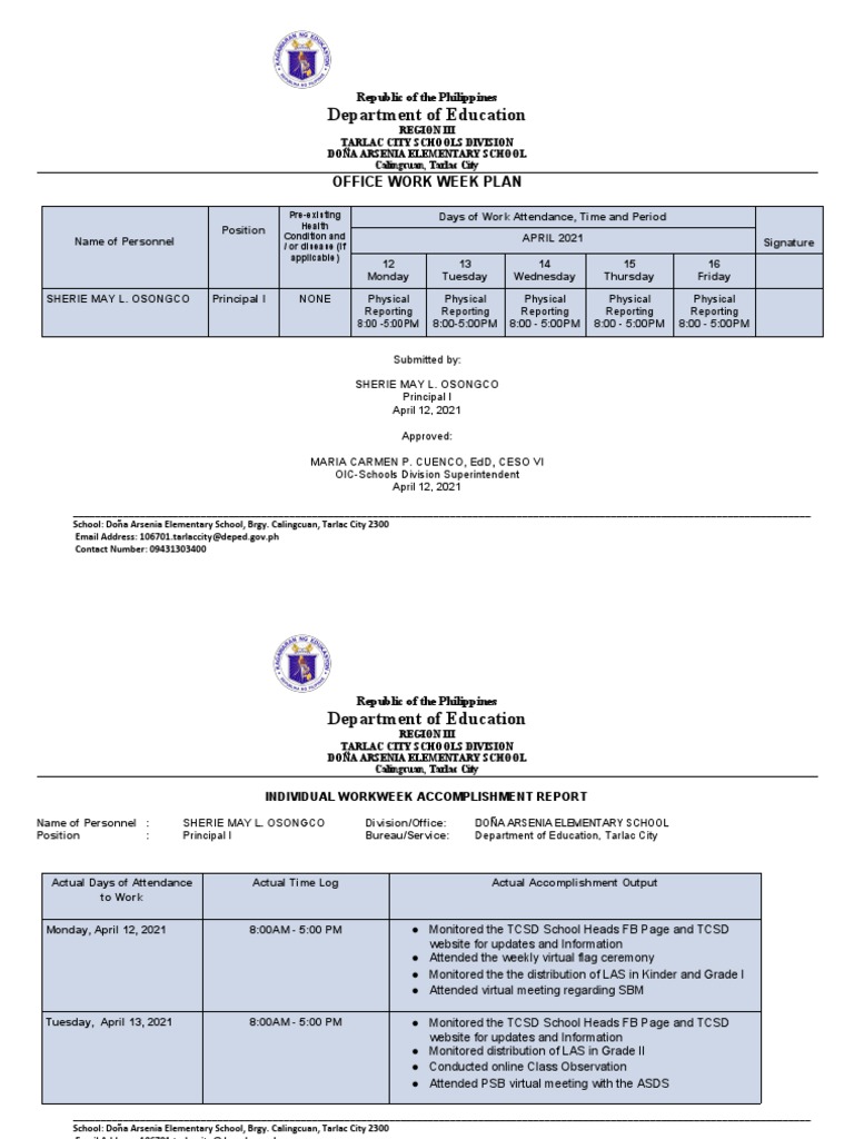 Department of Education: Office Work Week Plan | PDF | Internet | Business