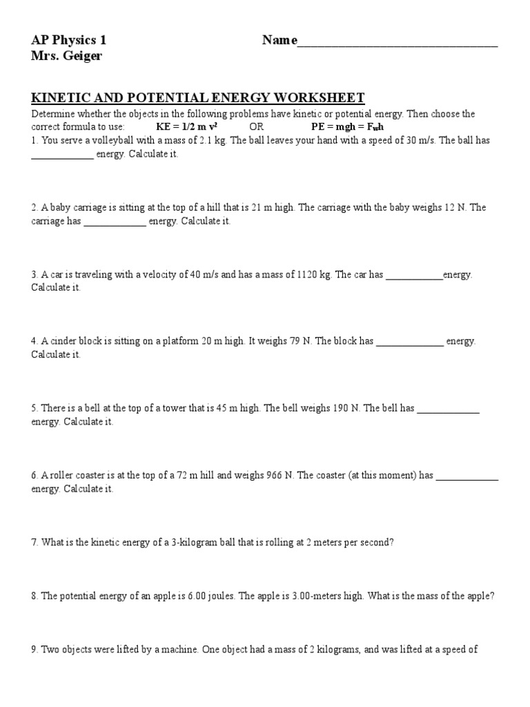 AP Physics1 KE and PE Worksheet | PDF | Kinetic Energy | Potential Energy