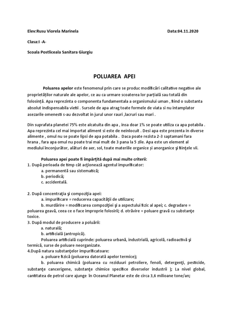 Poluarea Apei Referat | PDF