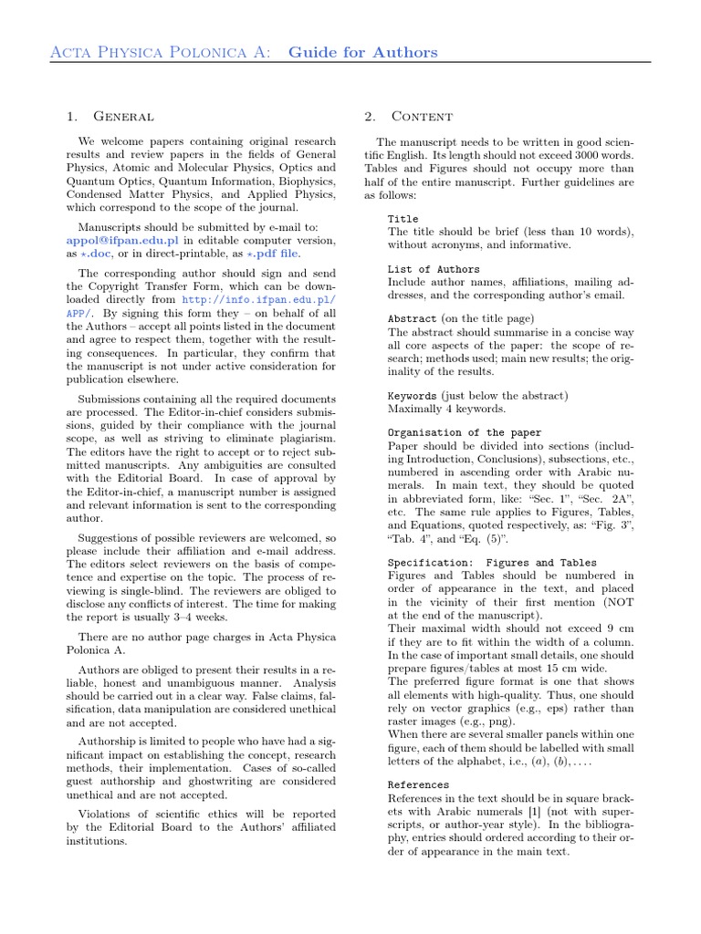 Acta Physica Polonica A: Guide For Authors: 1. General 2. Content | PDF | Physics | Science