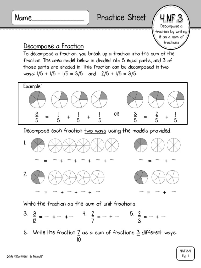 Name Practice Sheet: Decompose A Fraction | PDF