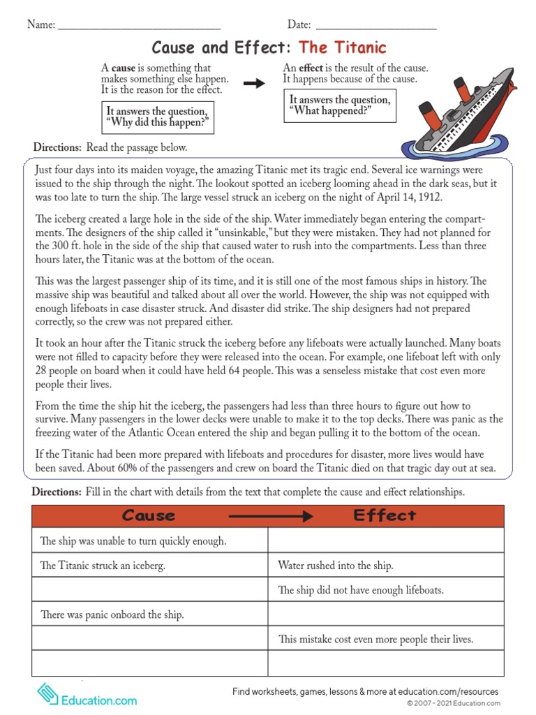 Cause and Effect The Titanic | PDF | Shipwrecks | Maritime Incidents