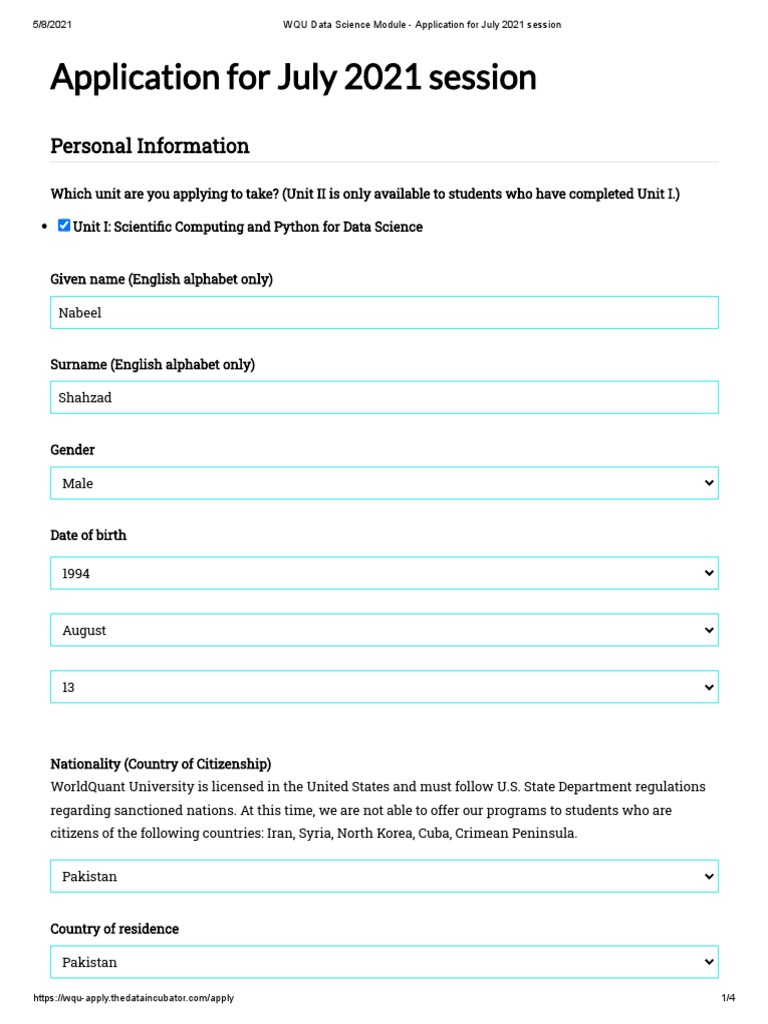 Wqu Data Science Module Application For July 2021 Session Pdf