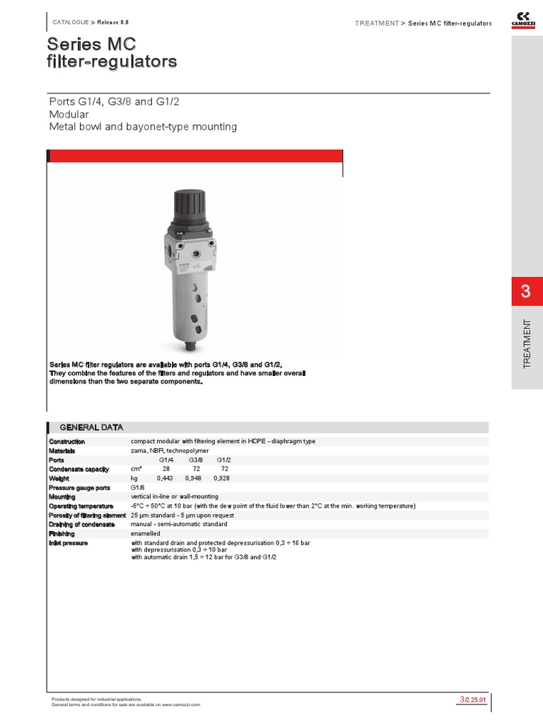 Series MC Filter-Regulators: Ports G1/4, G3/8 and G1/2 Modular Metal ...