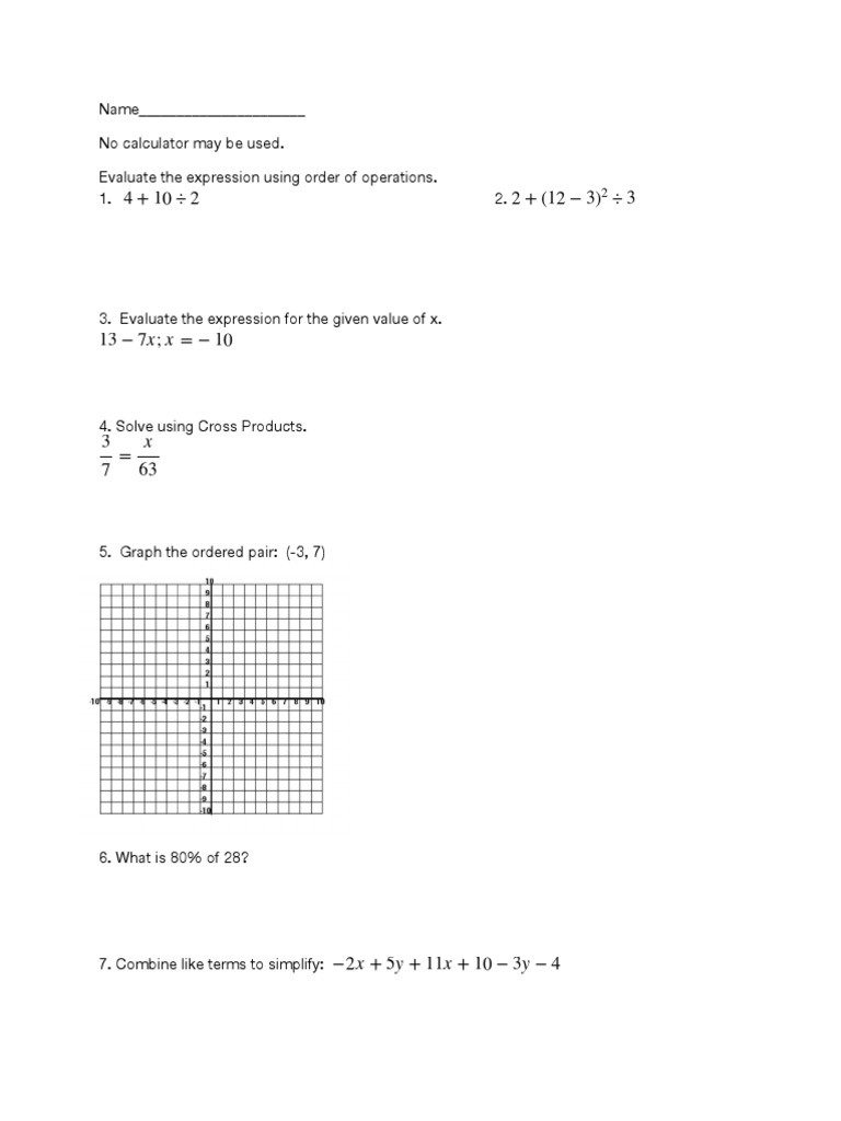 Algebra 1 Diagnostic Test | PDF | Equations | Mathematical Concepts
