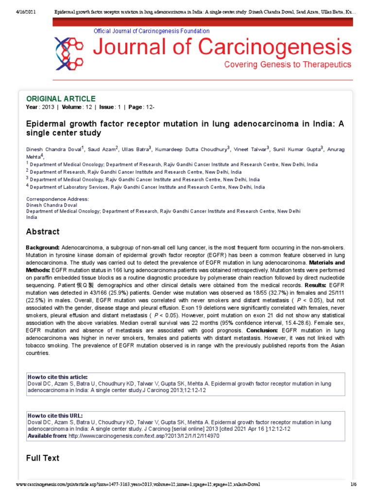 9 - Journal of Carcinogenesis | PDF | Epidermal Growth Factor Receptor ...