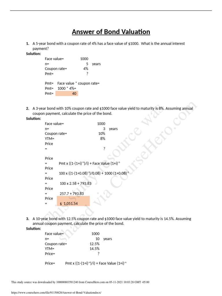 This Study Resource Was: Answer of Bond Valuation | Download Free PDF ...
