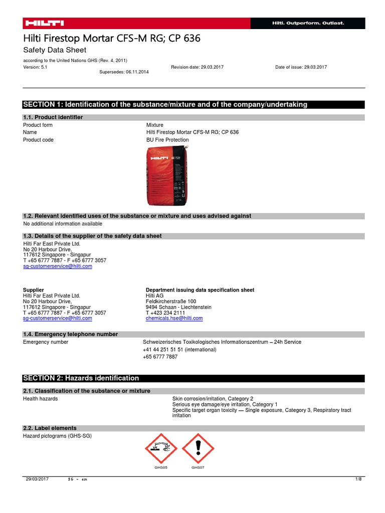 Hilti Firestop Mortar CFS-M RG CP 636: Safety Data Sheet | Download Free PDF | Workplace | Safety
