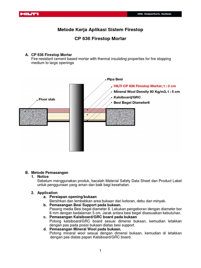 Metode Kerja dan Sifat Teknis HILTI CP 636 Firestop Mortar | PDF