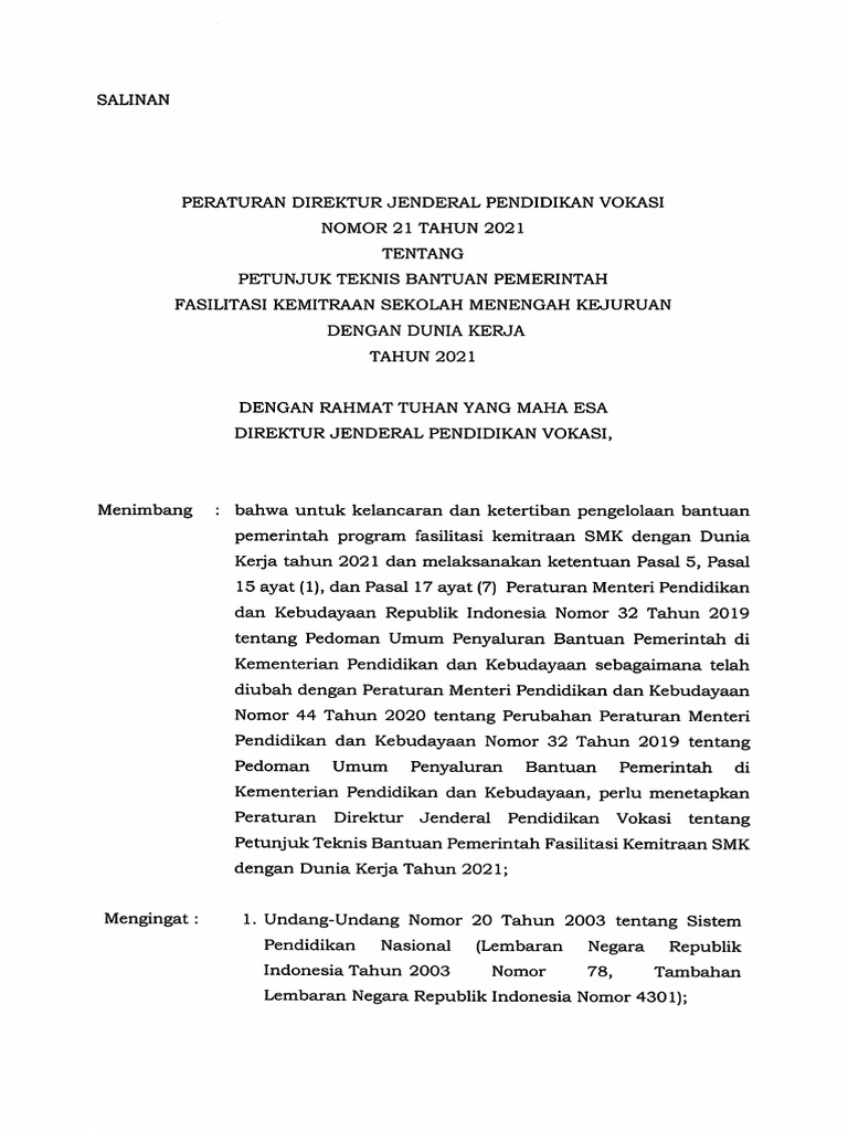 Salinan Perdirjen 21 Tahun 2021 TTG Juknis Banpem Fasilitasi Kemitraan SMK Dengan Dunia Kerja ...