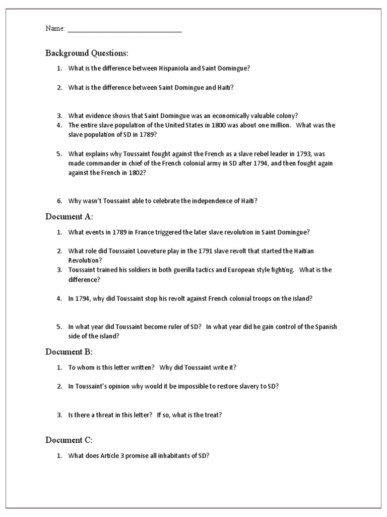 Haitian Revolution Mini Q Questions | North America | Unfree Labour