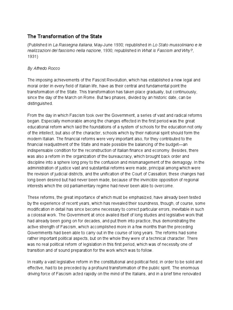 The Transformation of The State - Alfredo Rocco | PDF | Fascism ...