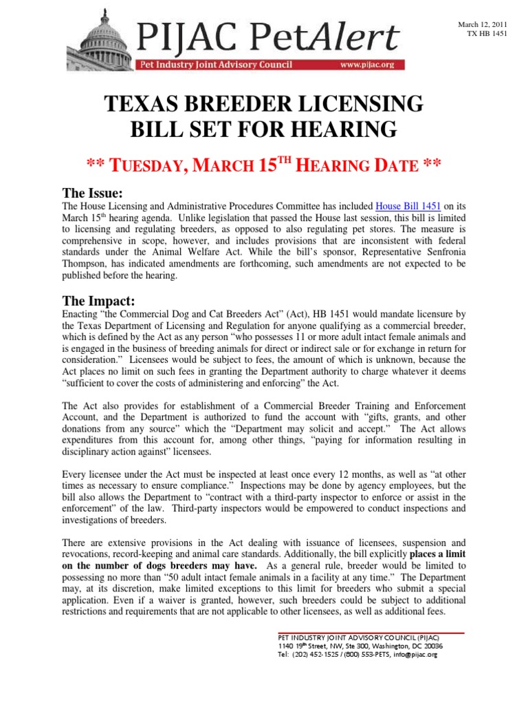 TX HB 1451 Breeder Licensing | PDF | Veterinary Physician | License