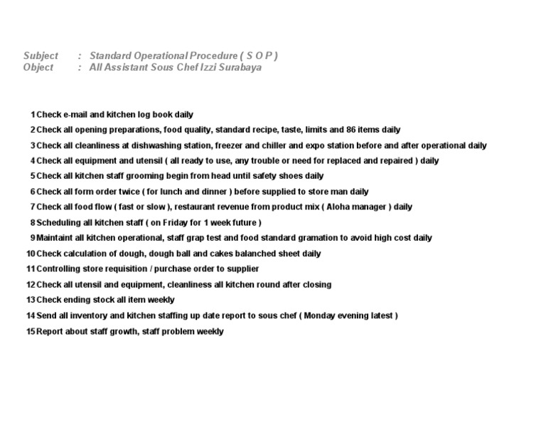 Assistant Sous Chef SOP Checklist | PDF | Cooking, Food & Wine ...