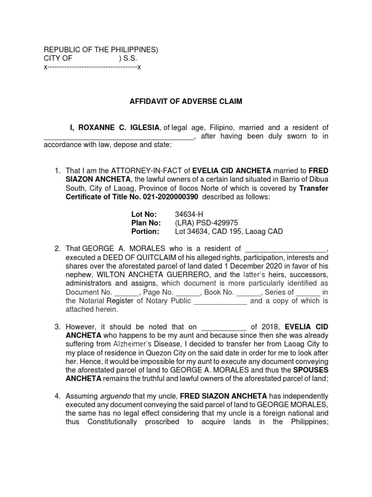 Affidavit of Adverse Claim | PDF | Affidavit | Private Law