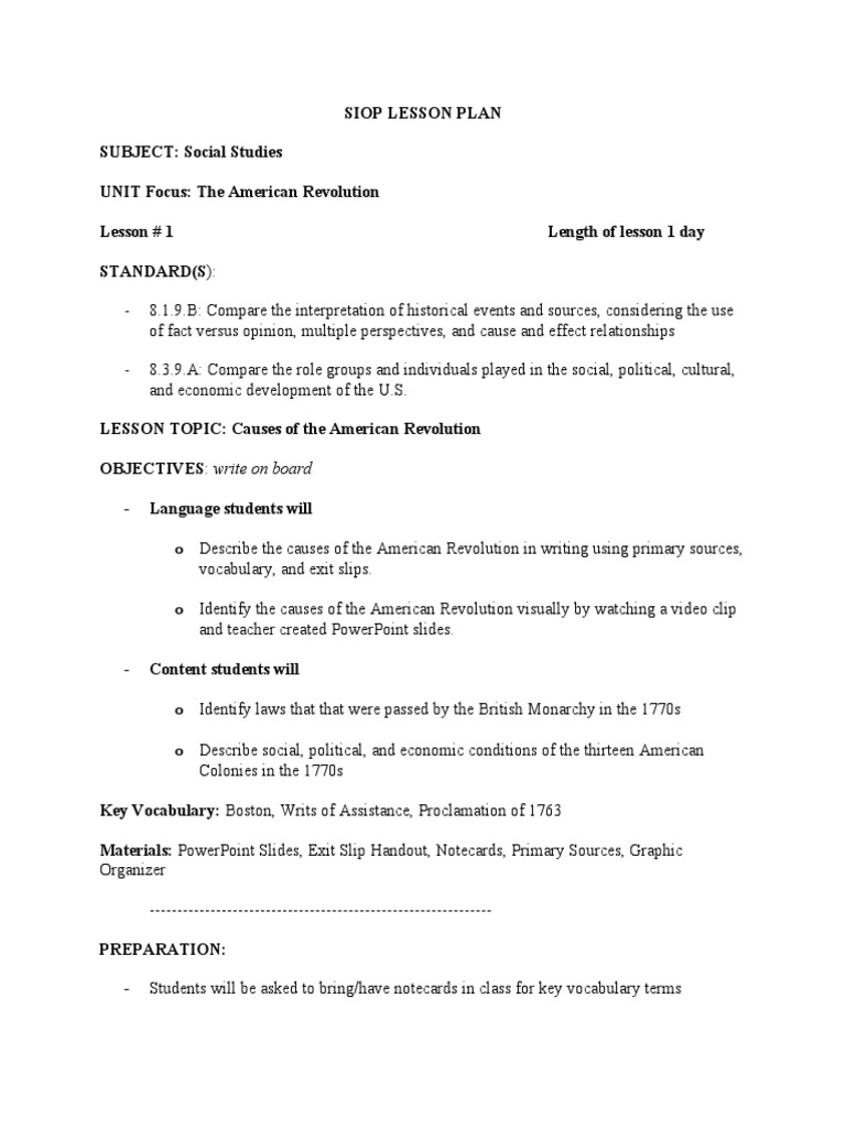 Siop Lesson Plan | PDF | Reading Comprehension | Teaching