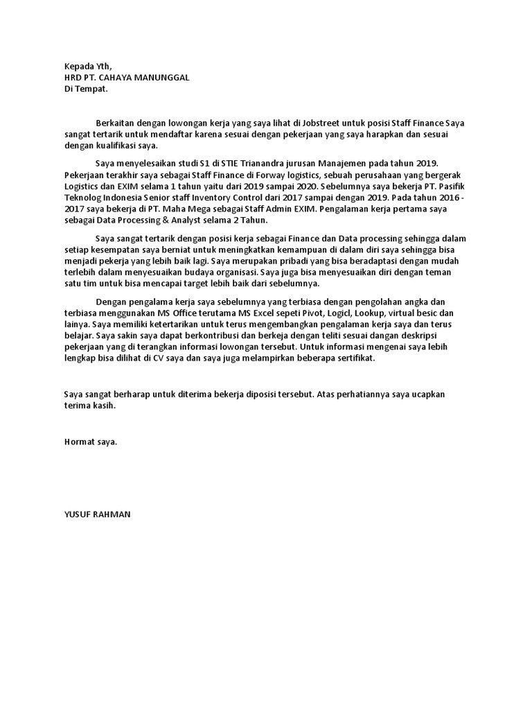 Yusuf Rahman Cover Letter MuakerjaID 1616345999 | PDF | Bisnis