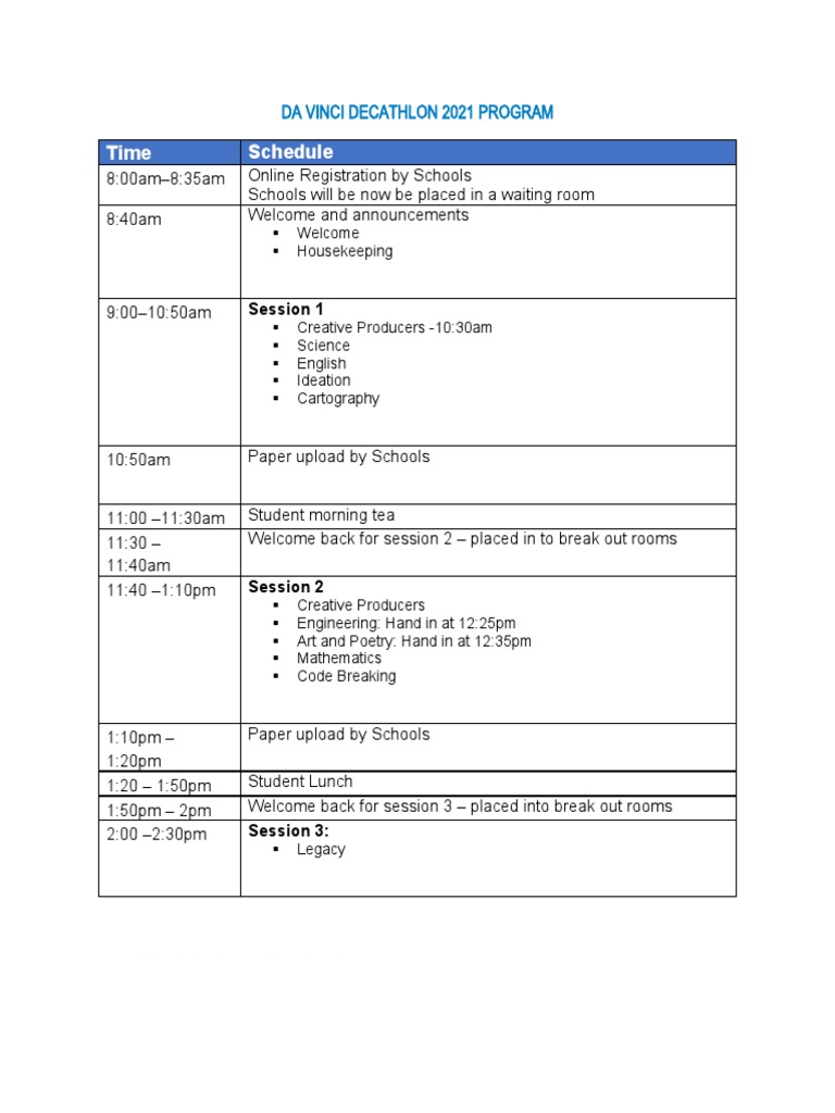 DA VINCI DECATHLON 2021 2021 Schedule | PDF
